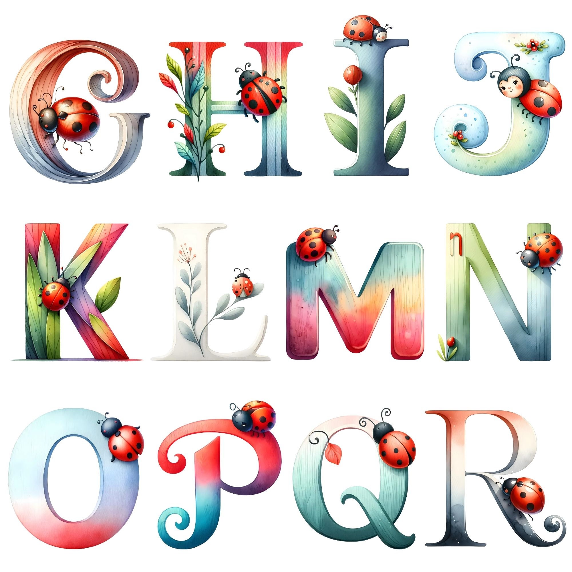 Watercolor Ladybug Alphabet Clipart: Nursery Decor (PNG, Digital ...