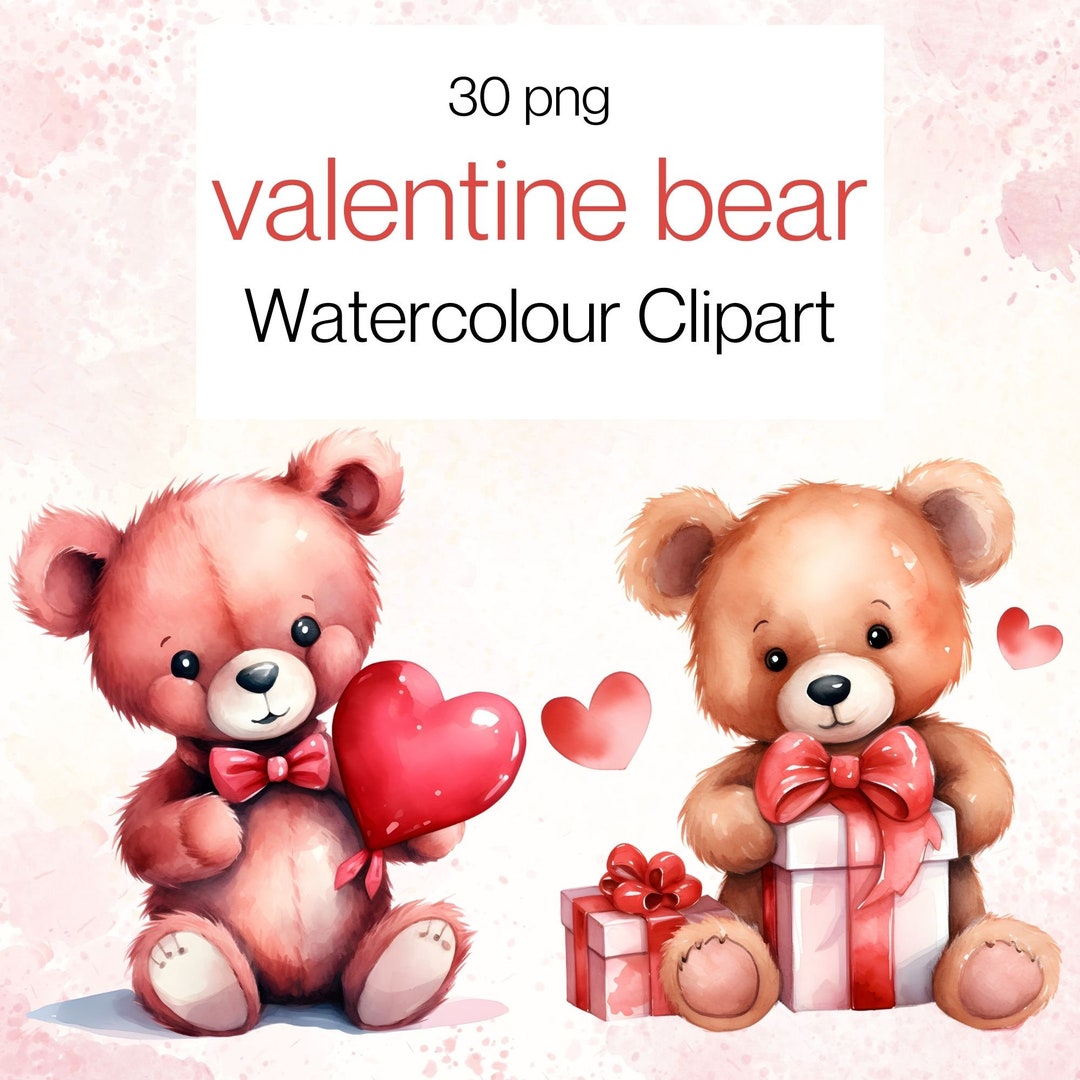 Watercolor Valentines Teddy Bear Clipart, 40 PNG Valentines Day Clipart ...