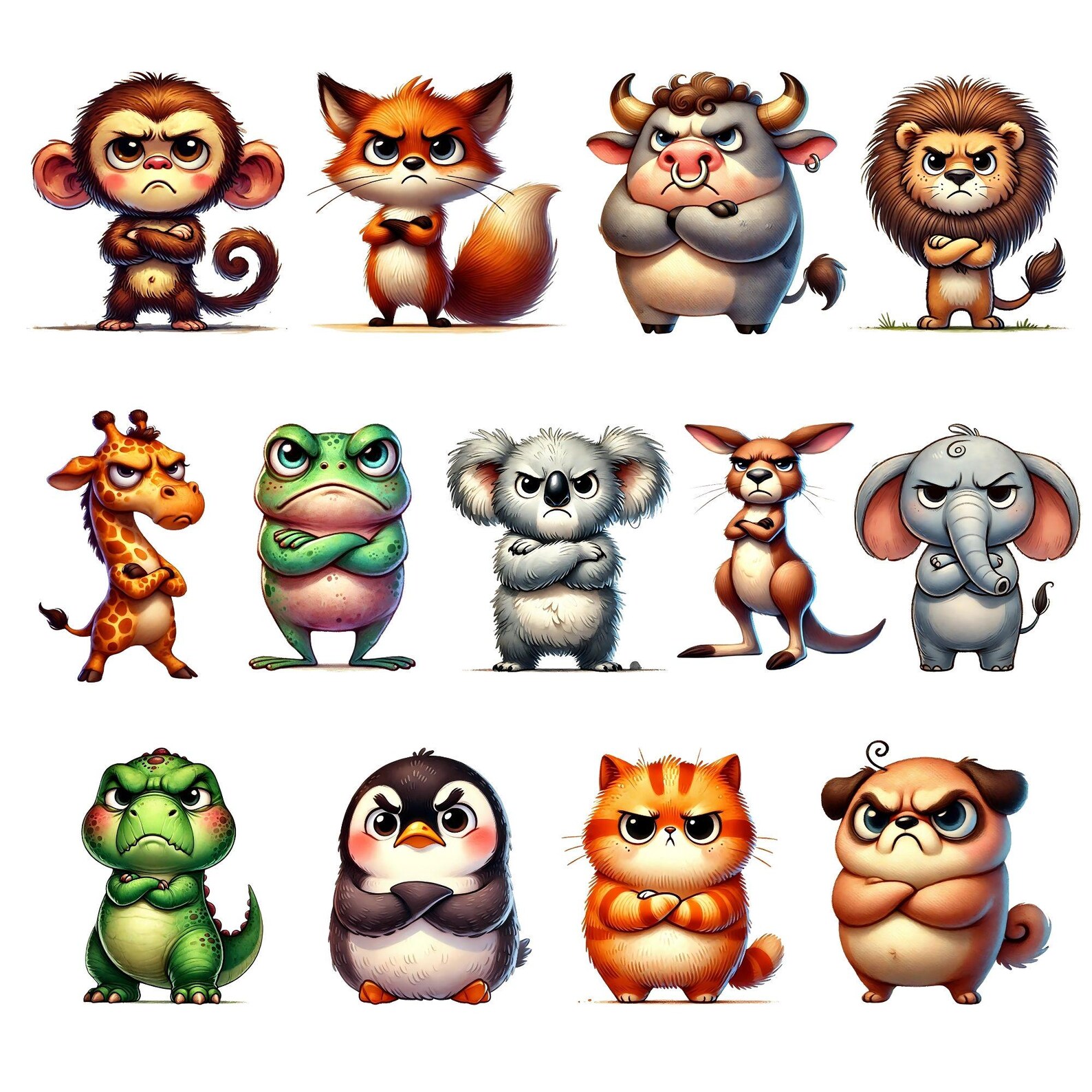 Grumpy Animals Watercolor Clipart Bundle: 25 PNG Files (digital ...