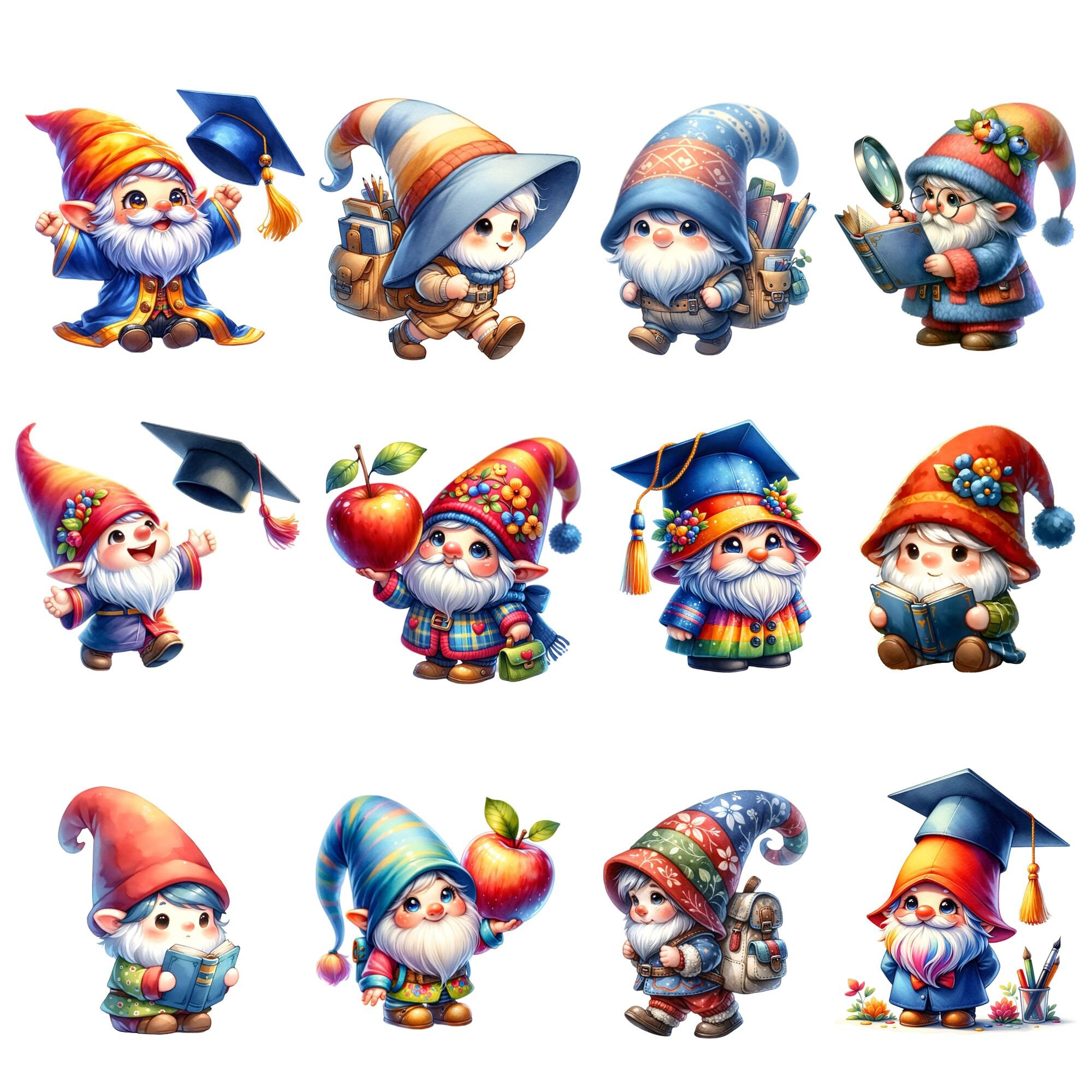 Back to School Gnome Clipart Bundle, Watercolor Gnomes PNG, Graduation ...