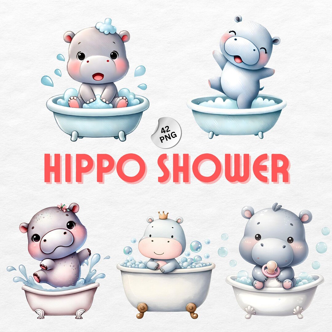 Watercolor Baby Hippo Shower Clipart, Cute Hippos in Bathtubs PNG ...