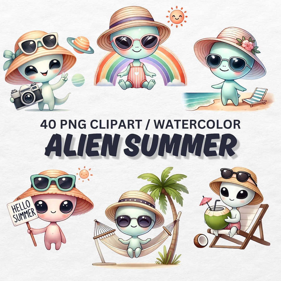 Watercolor Alien Summer Clipart, Cute Alien PNG, Beach Vacation Art PNG ...