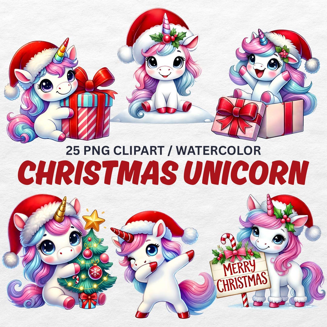 Christmas Unicorn Clipart PNG: Watercolor Winter Holiday(digital ...