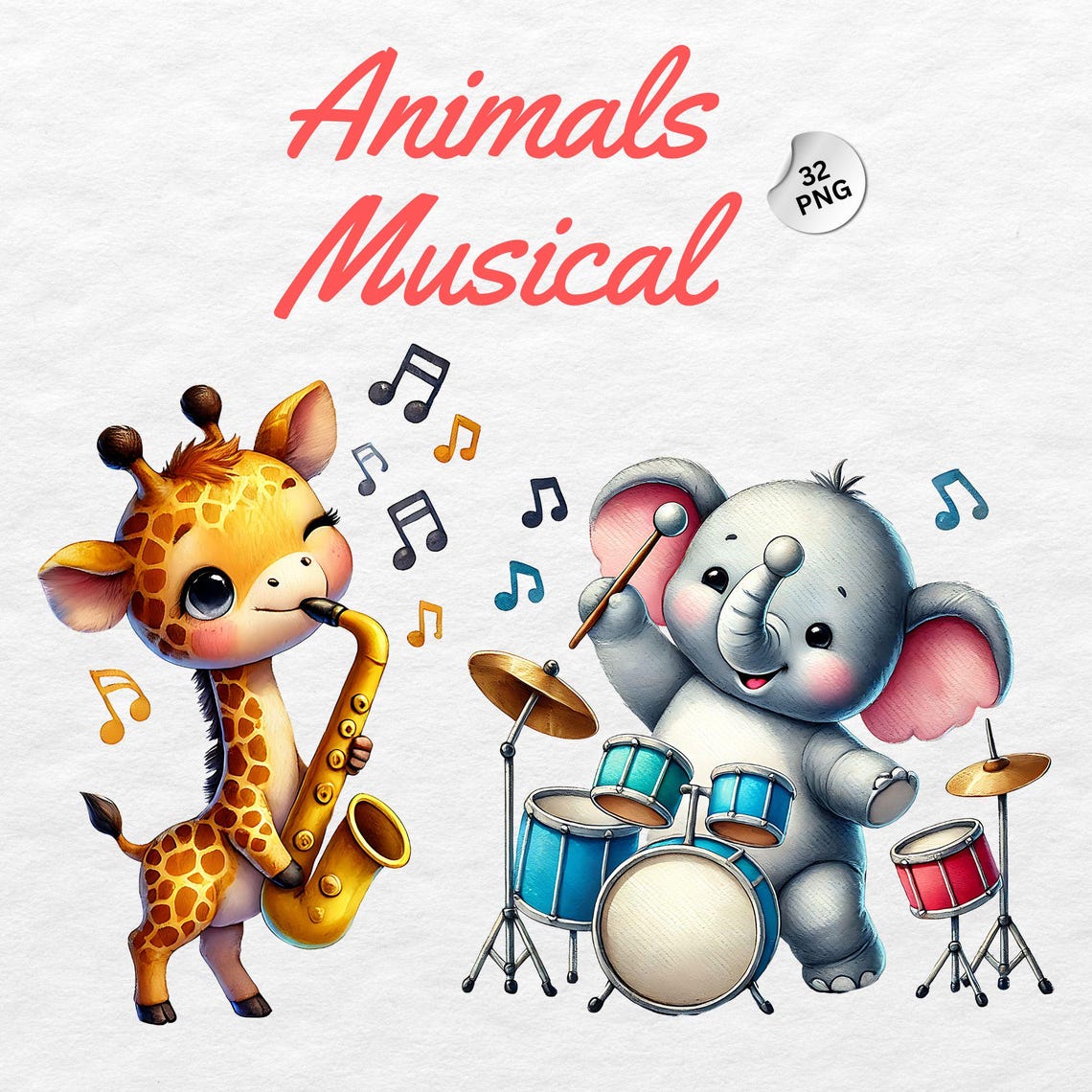Watercolor Musical Animals Clipart: PNG Animal Band (digital Download ...