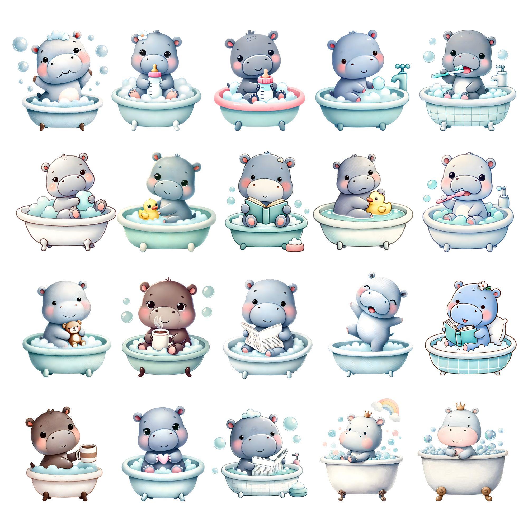 Watercolor Baby Hippo Shower Clipart, Cute Hippos in Bathtubs PNG ...