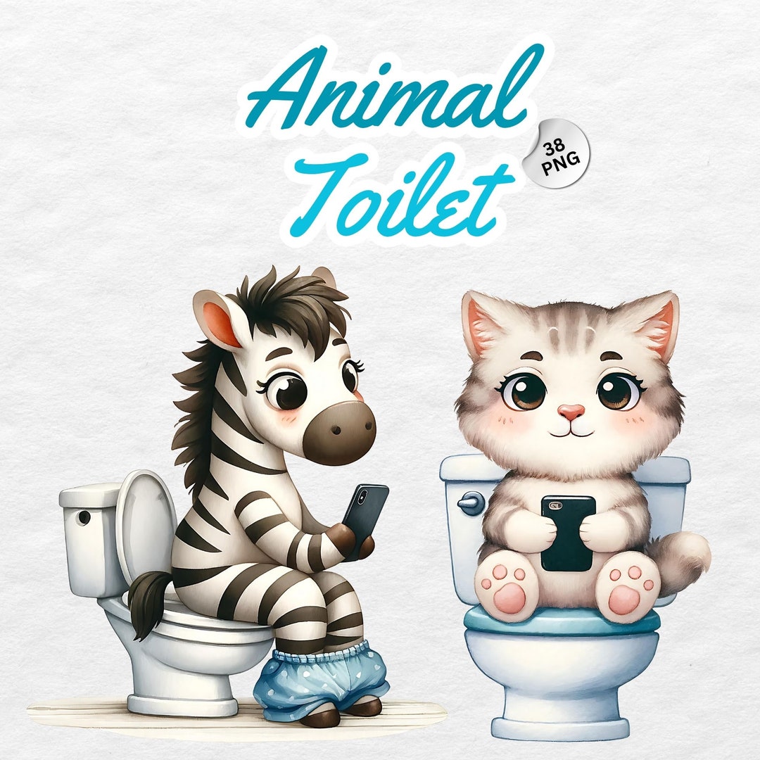 Watercolor Animal Toilet Clipart, Animal With Smartphone, Bathroom ...