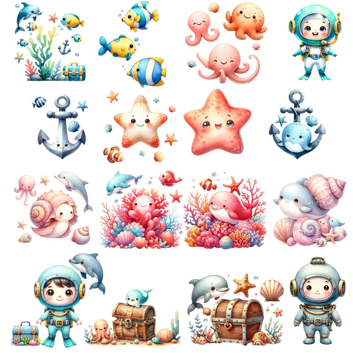 38 Undersea Watercolor Clipart Bundle, Cute Ocean Animal PNG, Nursery ...