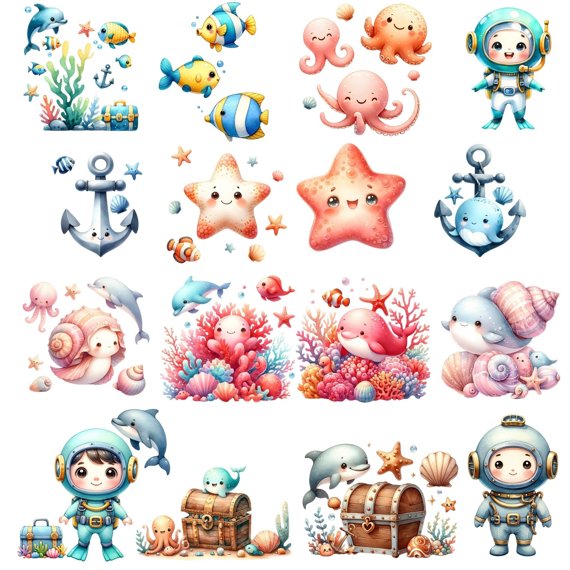 38 Undersea Watercolor Clipart Bundle, Cute Ocean Animal PNG, Nursery ...