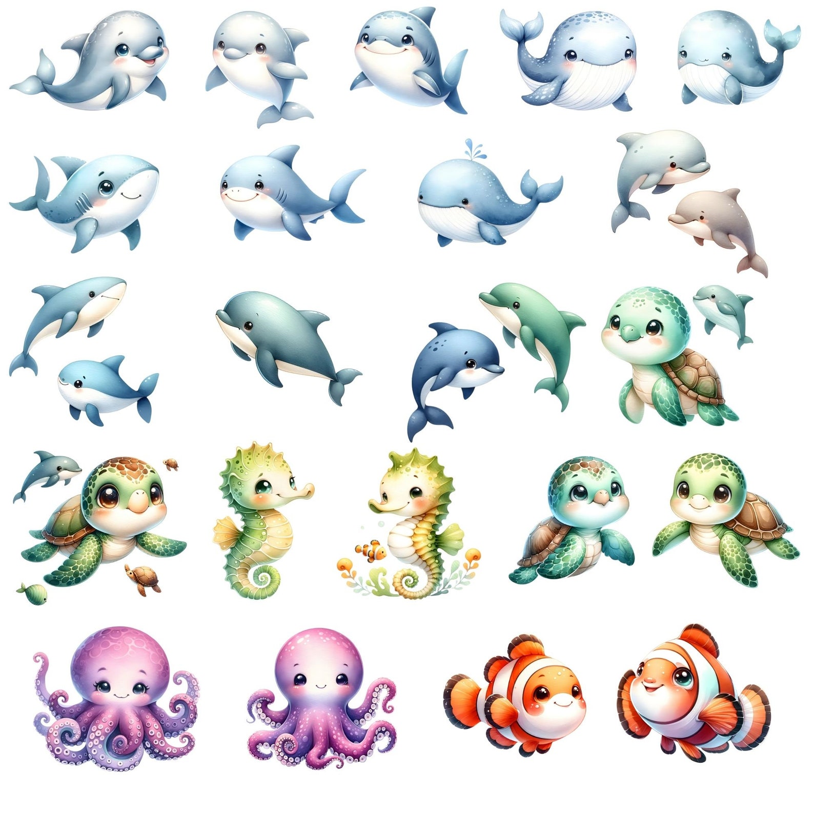38 Undersea Watercolor Clipart Bundle, Cute Ocean Animal PNG, Nursery ...