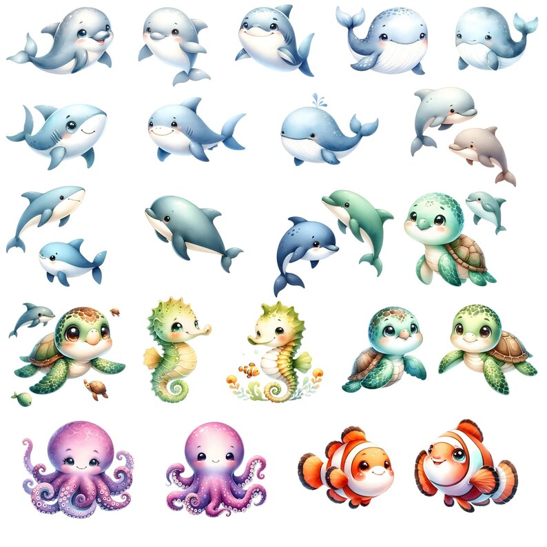 38 Undersea Watercolor Clipart Bundle, Cute Ocean Animal PNG, Nursery ...