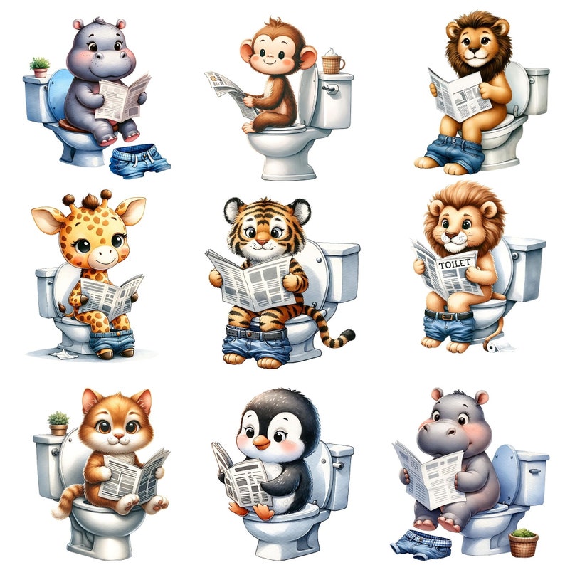 Watercolor Animal Toilet Clipart: 35 PNG Nursery Prints (digital ...