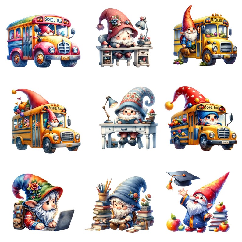 Watercolor Back to School Gnome Clipart: 30 PNG Bundle (digital ...