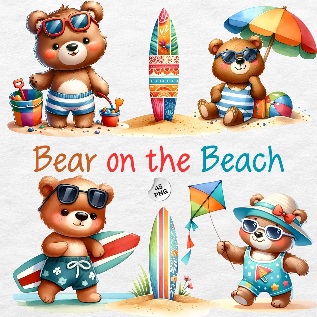 Watercolor Beach Bear Clipart: Summer Teddy PNG Bundle (digital ...