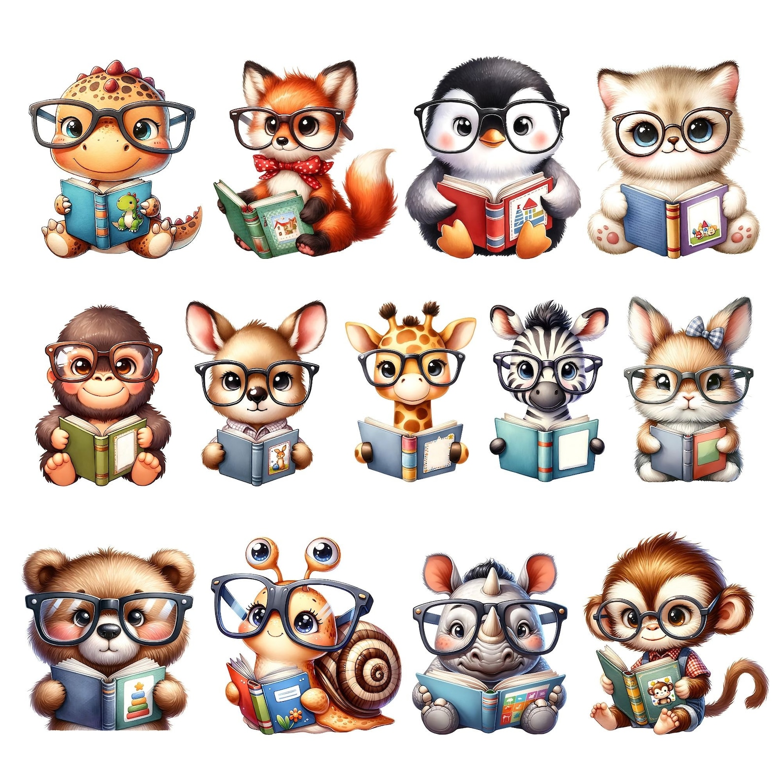 Watercolor Animal Reading Book Clipart, Adorable Animal Clipart ...