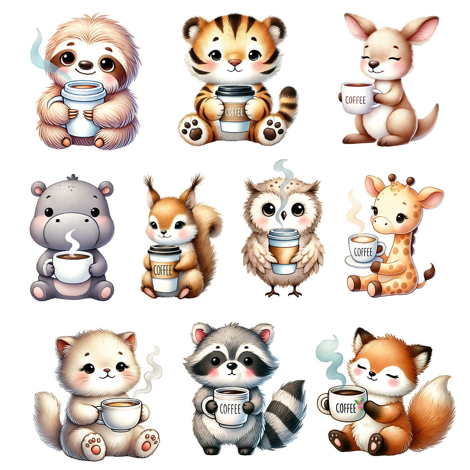 Watercolor Coffee Lover Animals Clipart PNG, Coffee Animals Clipart ...