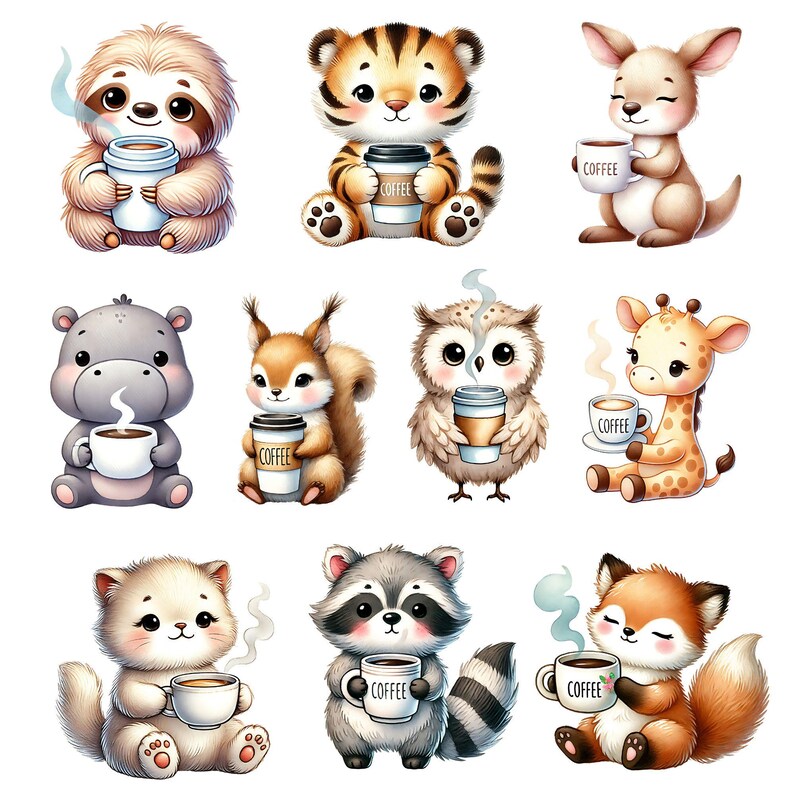 Watercolor Coffee Lover Animals Clipart PNG, Coffee Animals Clipart ...
