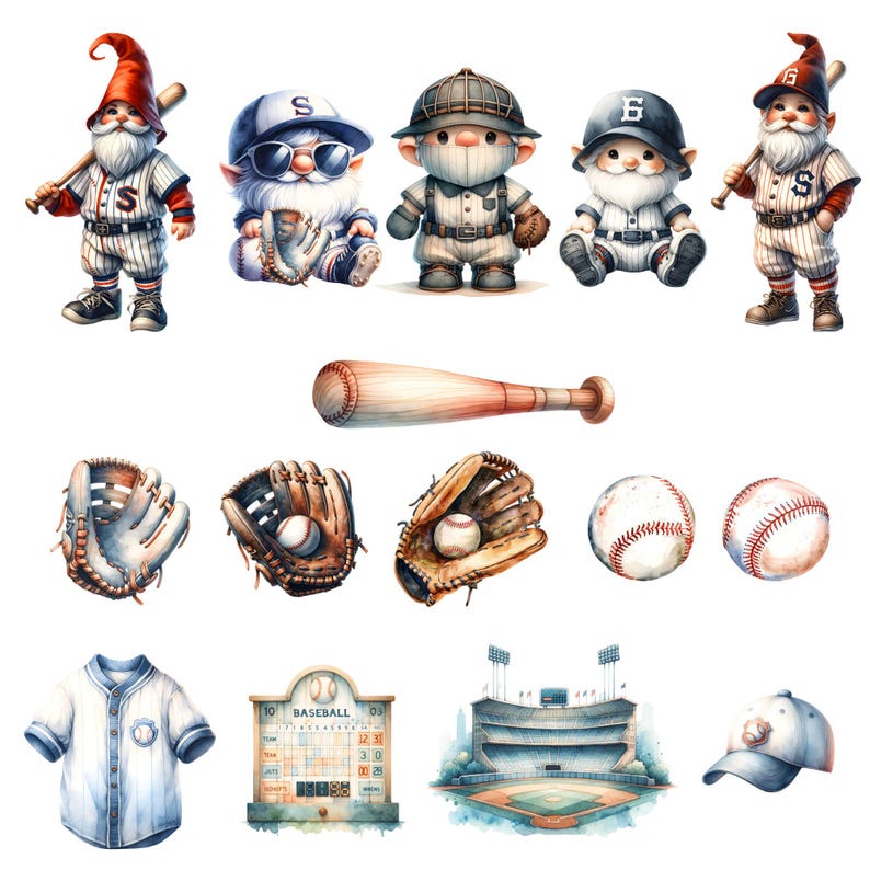 Baseball Gnome Clipart Bundle: Watercolor Sport Gnomes (digital ...