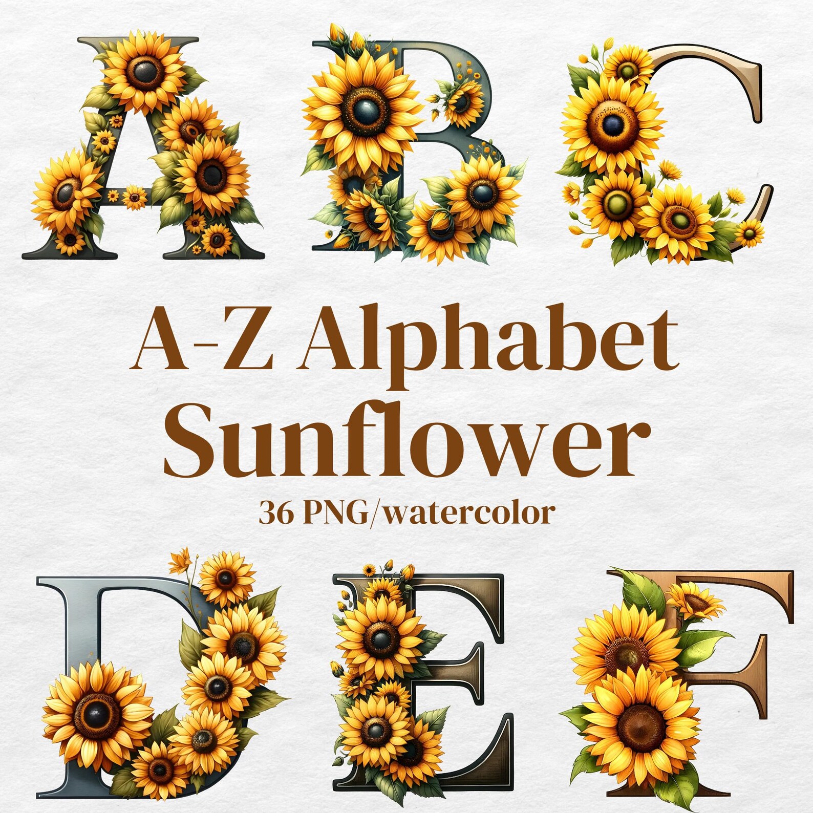 Sunflower Alphabet Clipart, Watercolor Floral Alphabet, Sunflower Font ...