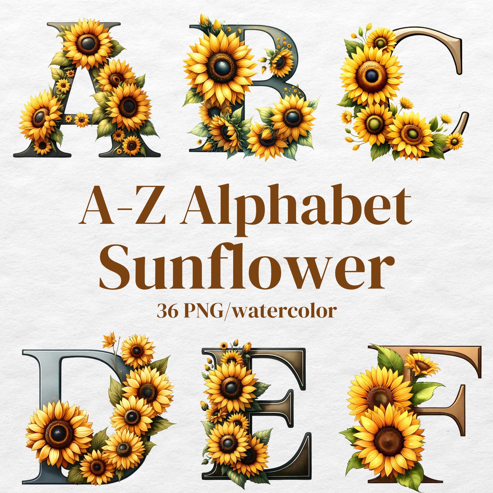 Sunflower Alphabet Clipart, Watercolor Floral Alphabet, Sunflower Font ...