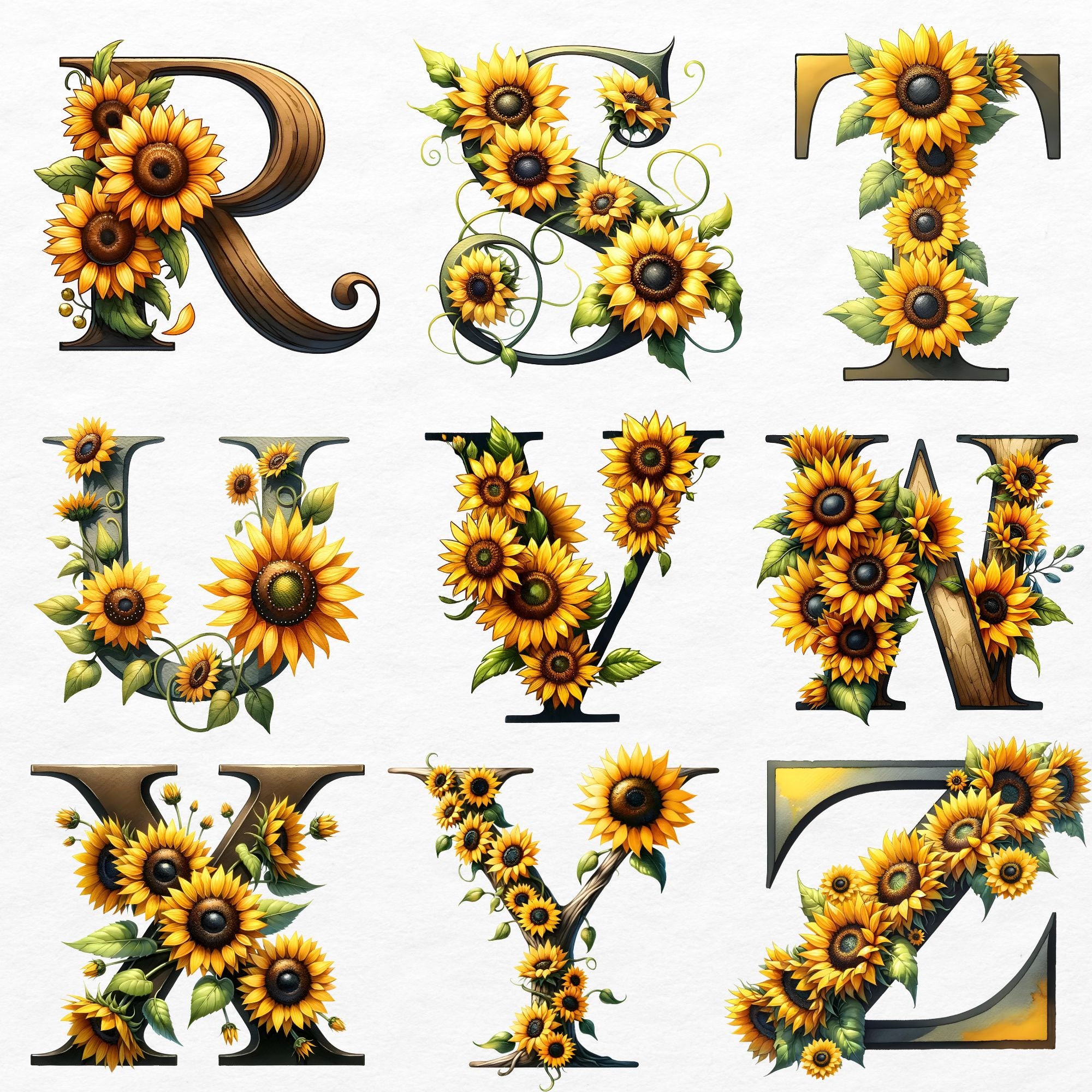 Sunflower Alphabet Clipart, Watercolor Floral Alphabet, Sunflower Font ...
