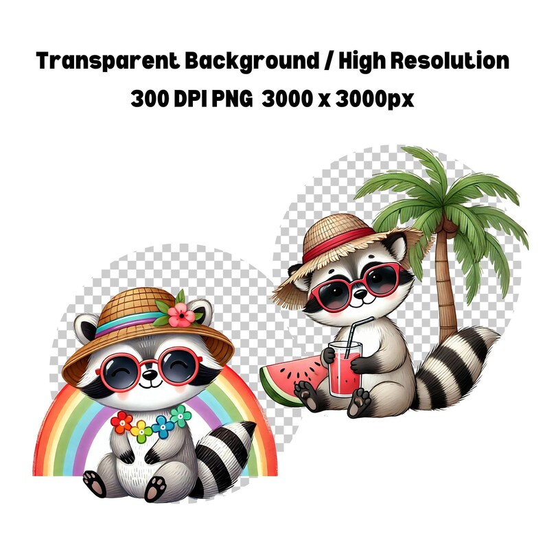 Watercolor Raccoon Clipart: Summer Beach Vacation PNG (digital Download ...