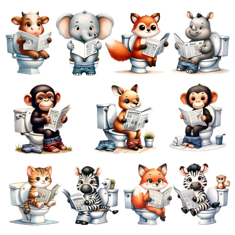 Watercolor Animal Toilet Clipart: 35 PNG Nursery Prints (digital ...