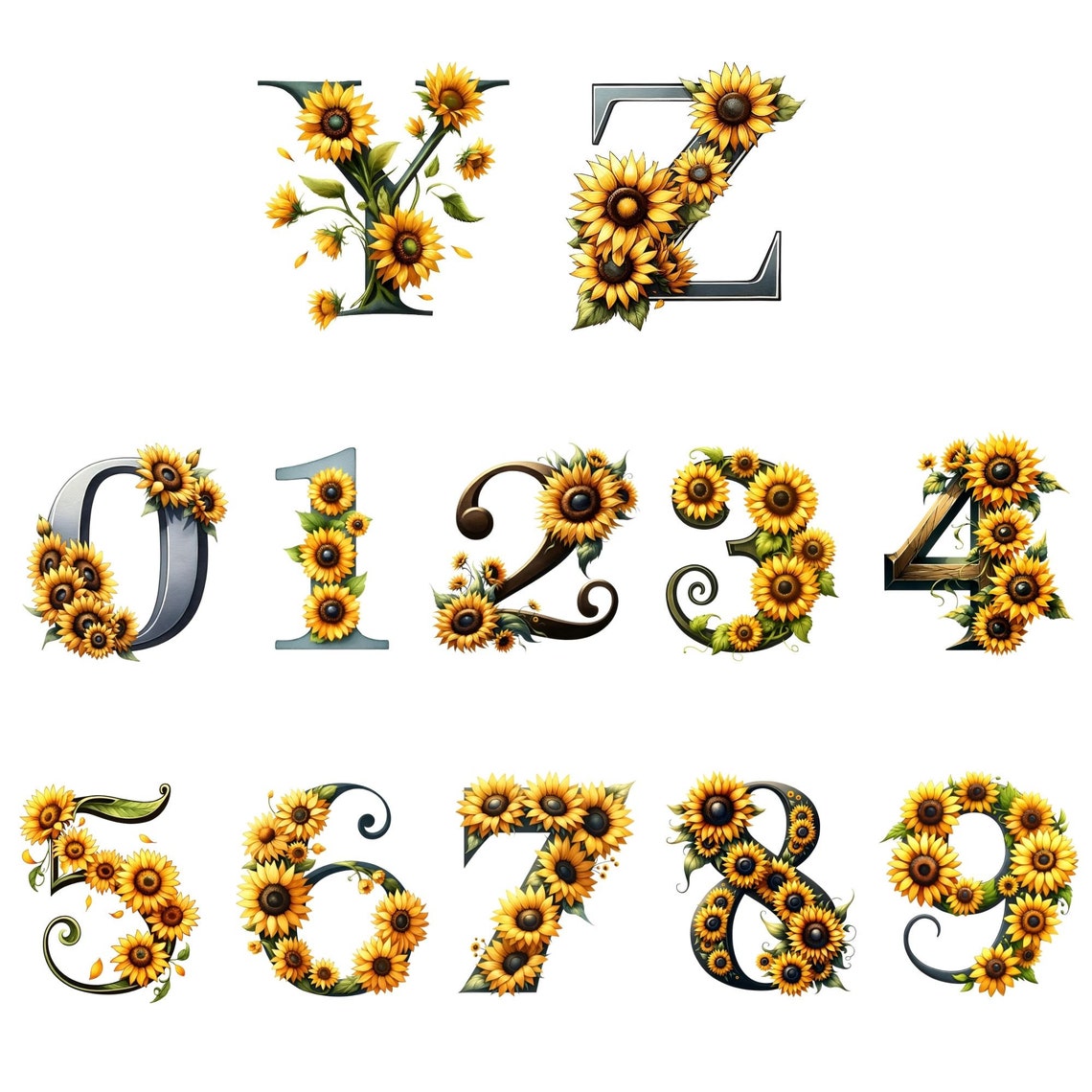 Sunflower Alphabet Clipart, Watercolor Floral Alphabet, Sunflower Font ...