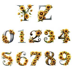 Sunflower Alphabet Clipart, Watercolor Floral Alphabet, Sunflower Font ...