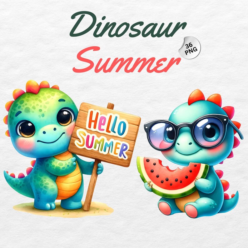 Watercolor Summer Dinosaur Clipart, Baby Dinosaur PNG, Nursery Decor ...