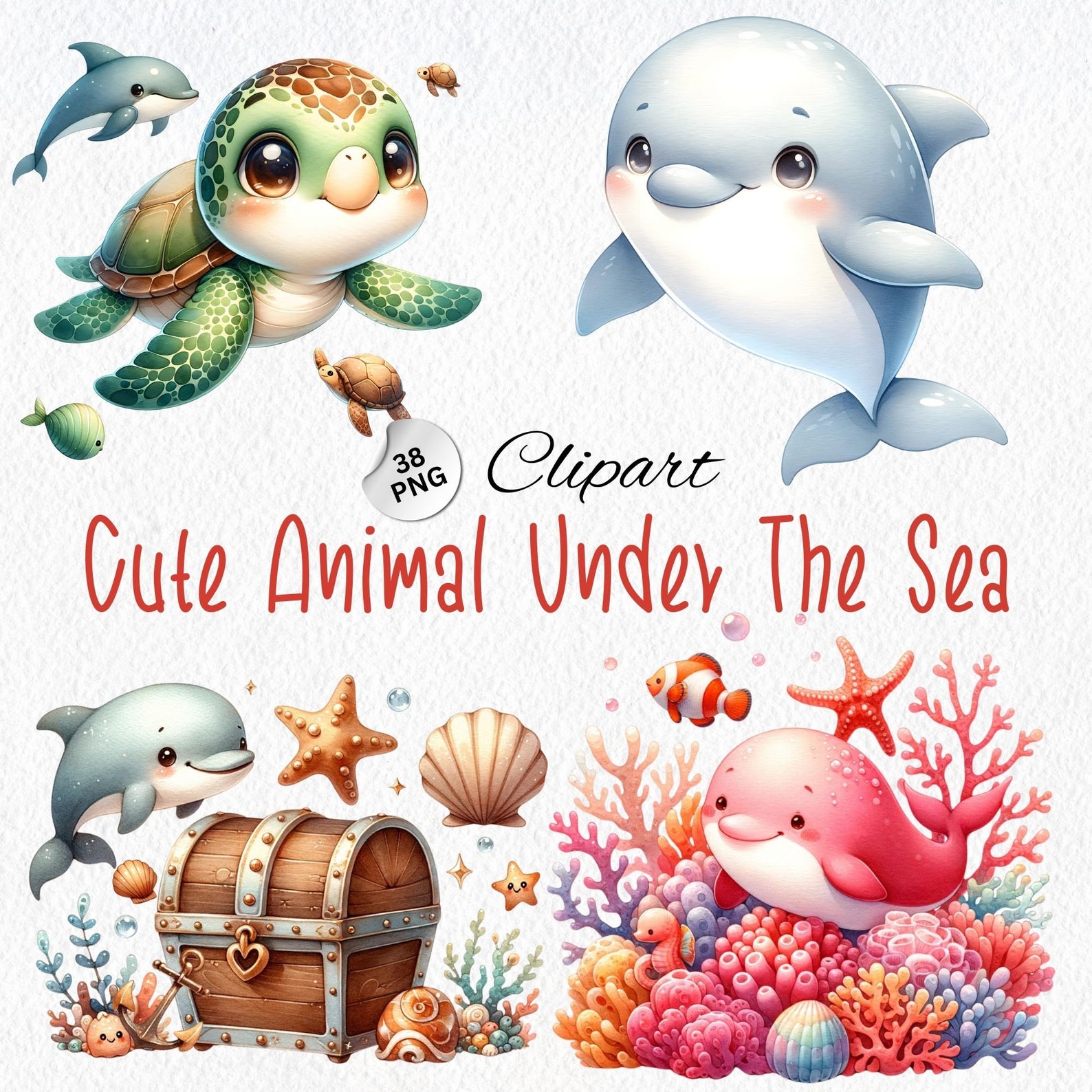 38 Undersea Watercolor Clipart Bundle, Cute Ocean Animal PNG, Nursery ...