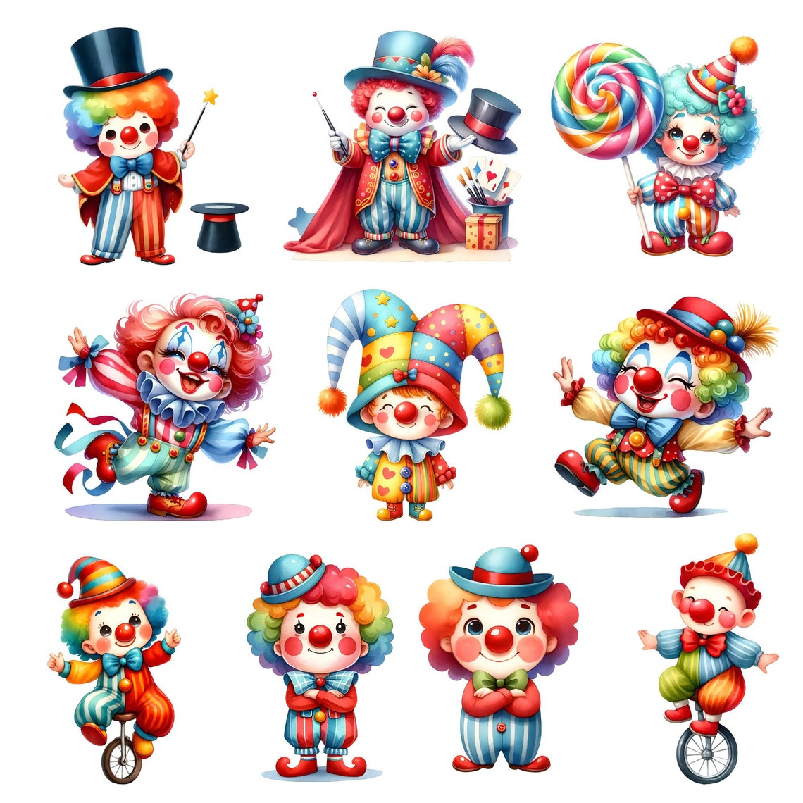 Watercolor Cute Clown Clipart, Adorable Clown PNG Bundle, Children ...