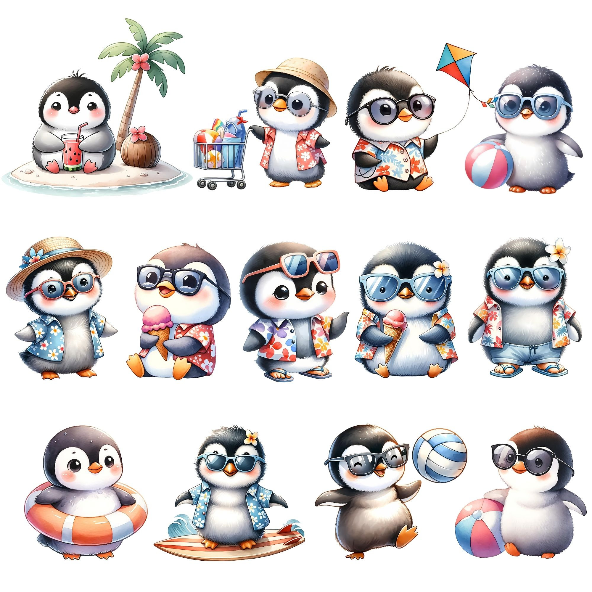 Watercolor Summer Penguin Clipart: Baby Nursery PNG (40 Images) - Etsy