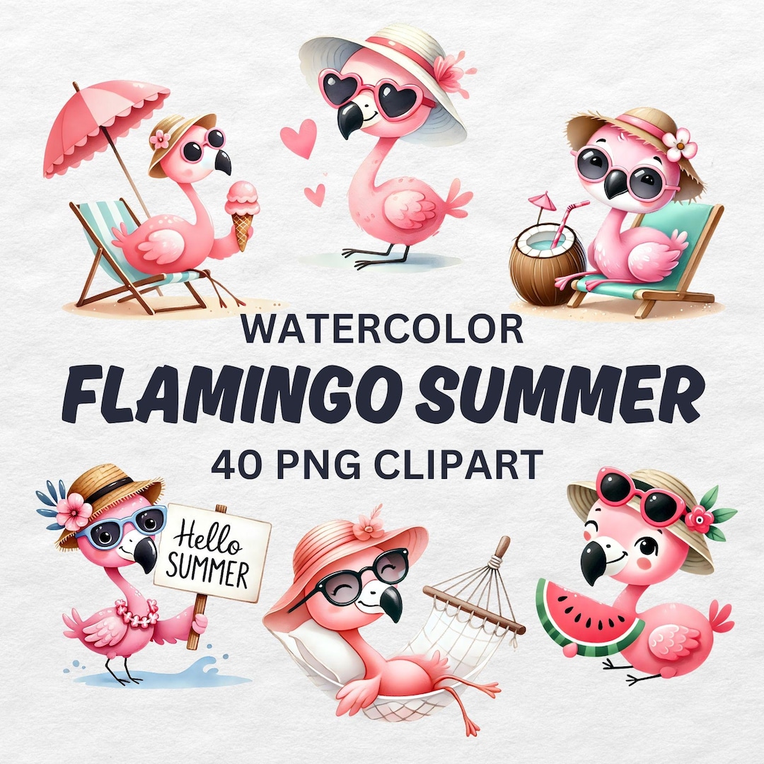 Watercolor Flamingo Clipart Bundle: 40 Tropical Summer Pngs (digital ...