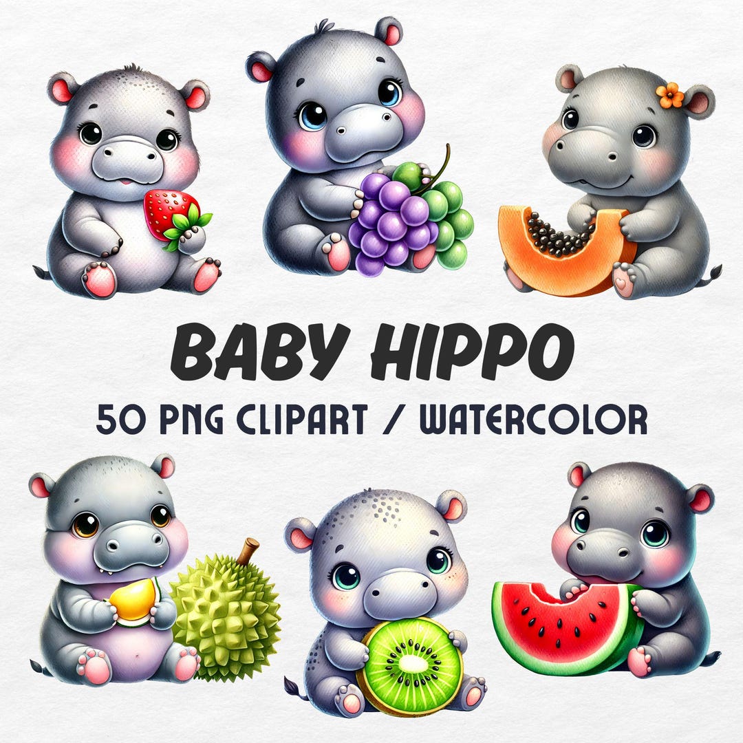 Cute Baby Hippo Clipart Bundle 50 PNG, Hippo With Fruit Themed ...