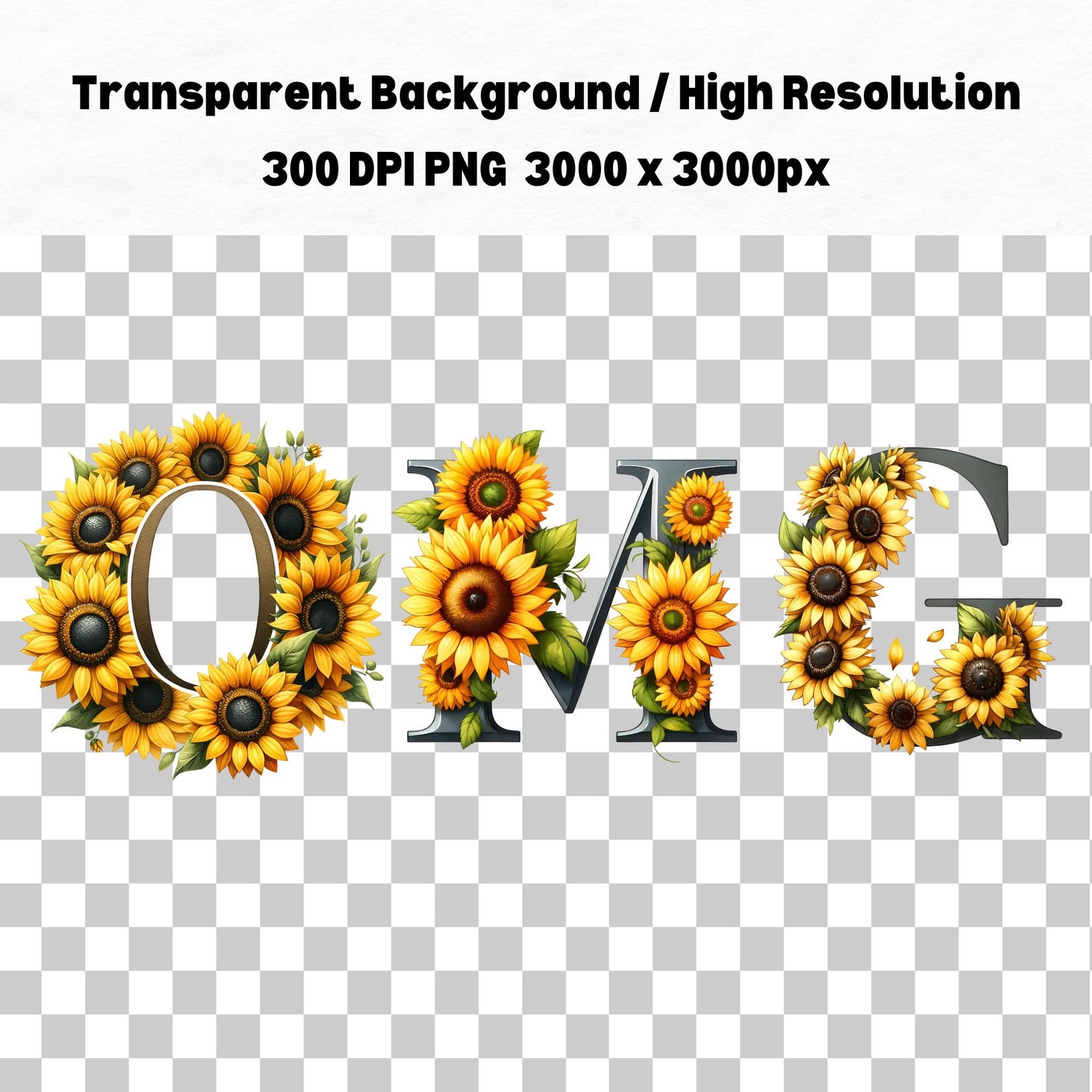 Watercolor Sunflower Alphabet Clipart: Floral Letters & Numbers (PNG ...