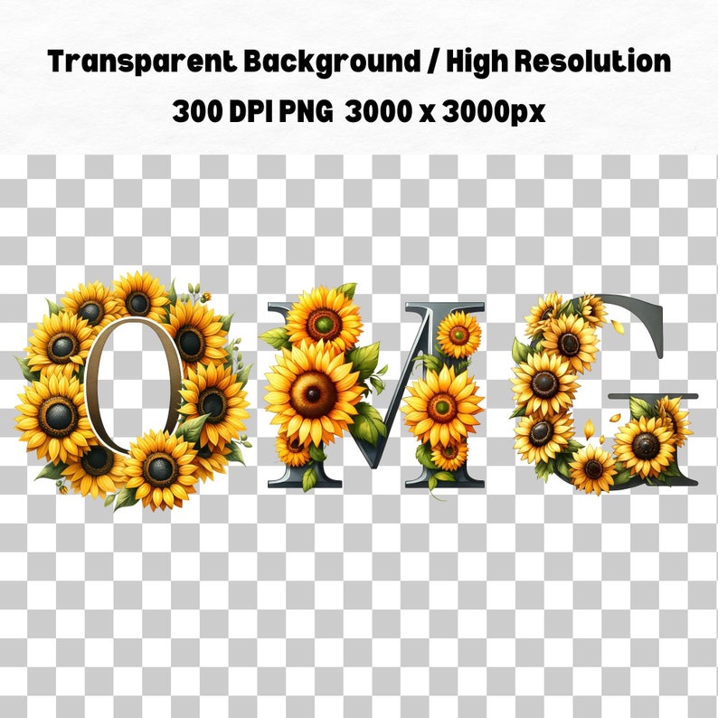 Watercolor Sunflower Alphabet Clipart: Floral Letters & Numbers (PNG ...