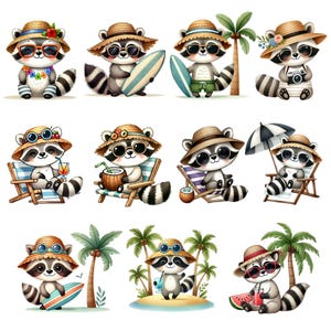Watercolor Raccoon Clipart: Summer Beach Vacation PNG (digital Download ...