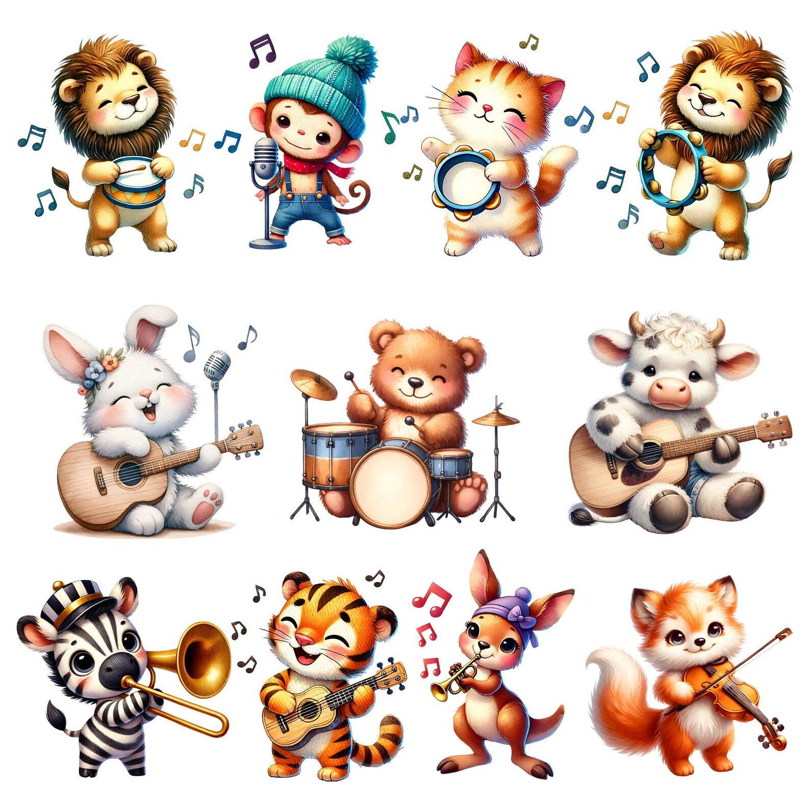 Watercolor Animals Music Clipart PNG, Musical Animals Clipart, Animal ...
