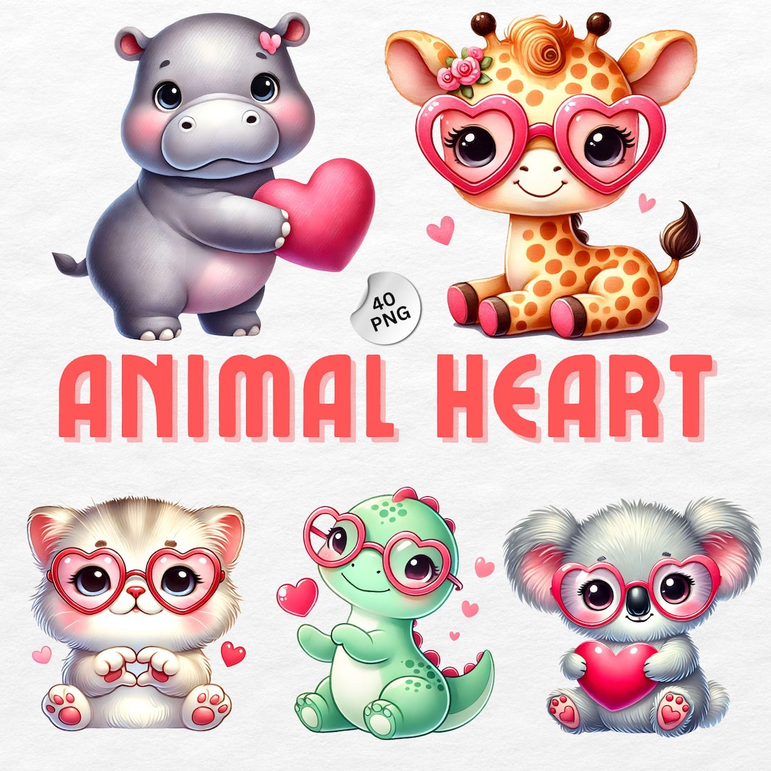 Watercolor Animal Heart Clipart: 40 PNG Valentine's Day Designs ...