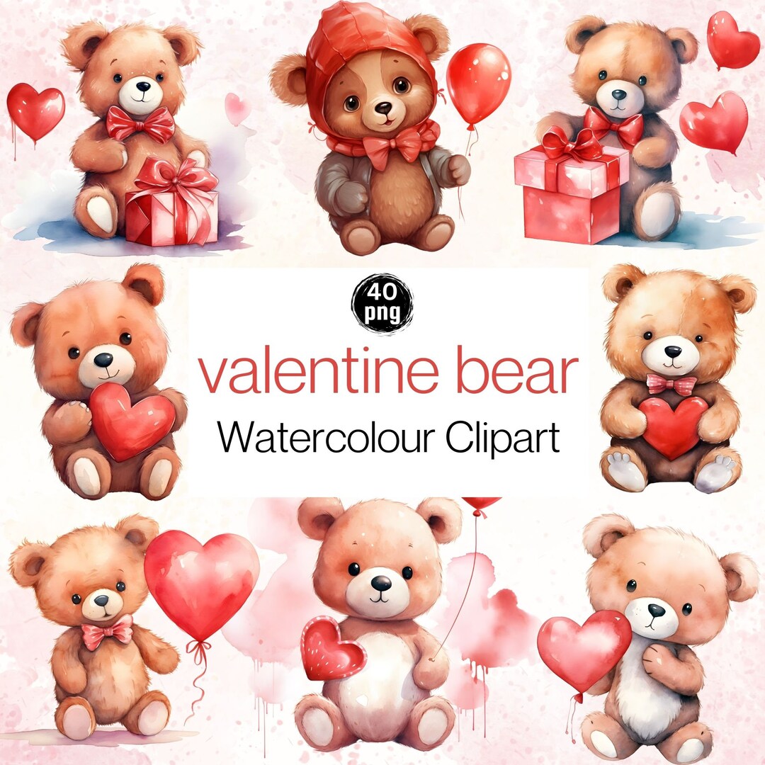 Watercolor Valentines Teddy Bear Clipart, 40 PNG Valentines Day Clipart ...