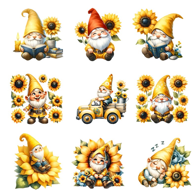 Watercolor Sunflower Gnome Clipart, Gnome With Flowers, Gnomes ...