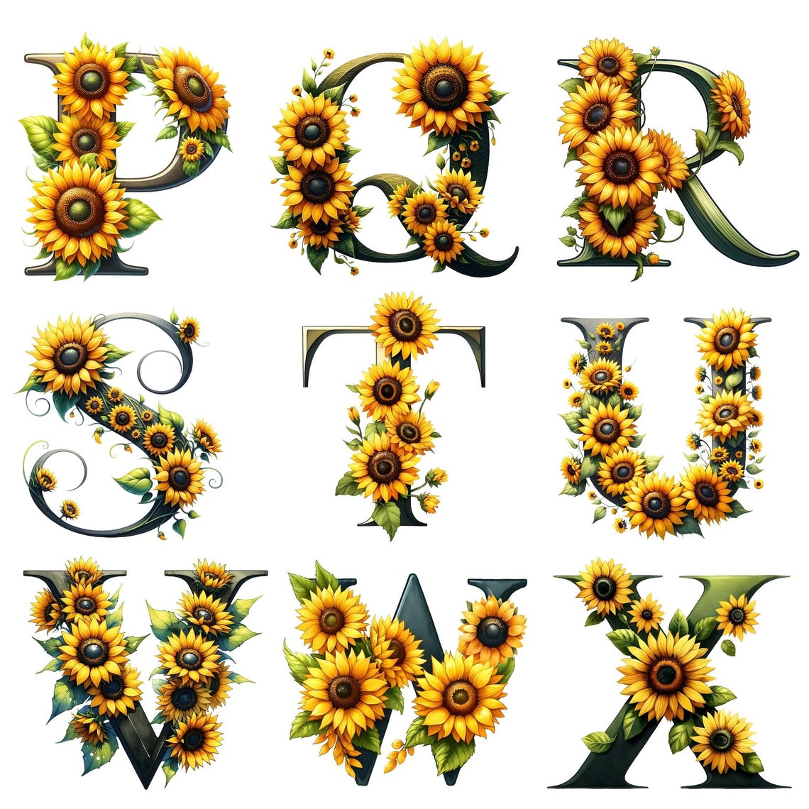 Sunflower Alphabet Clipart, Watercolor Floral Alphabet, Sunflower Font ...