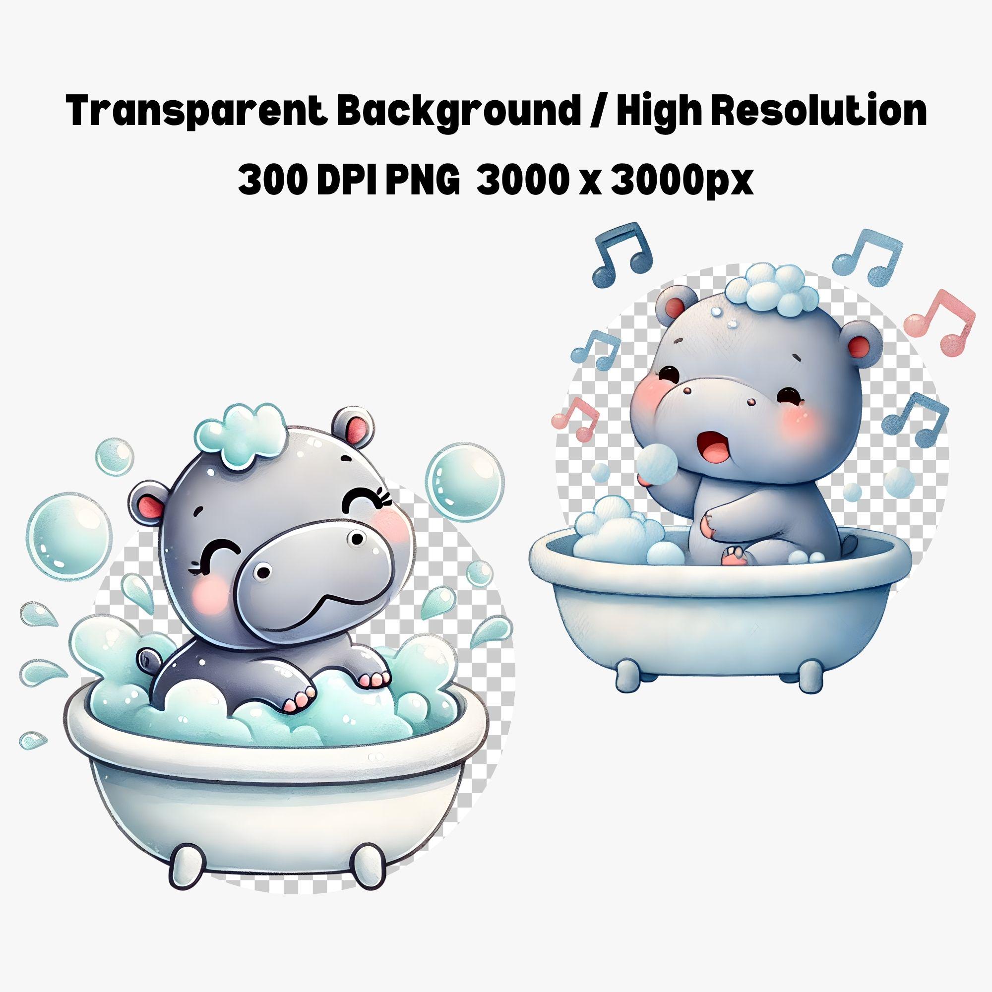 Watercolor Baby Hippo Shower Clipart, Cute Hippos in Bathtubs PNG ...