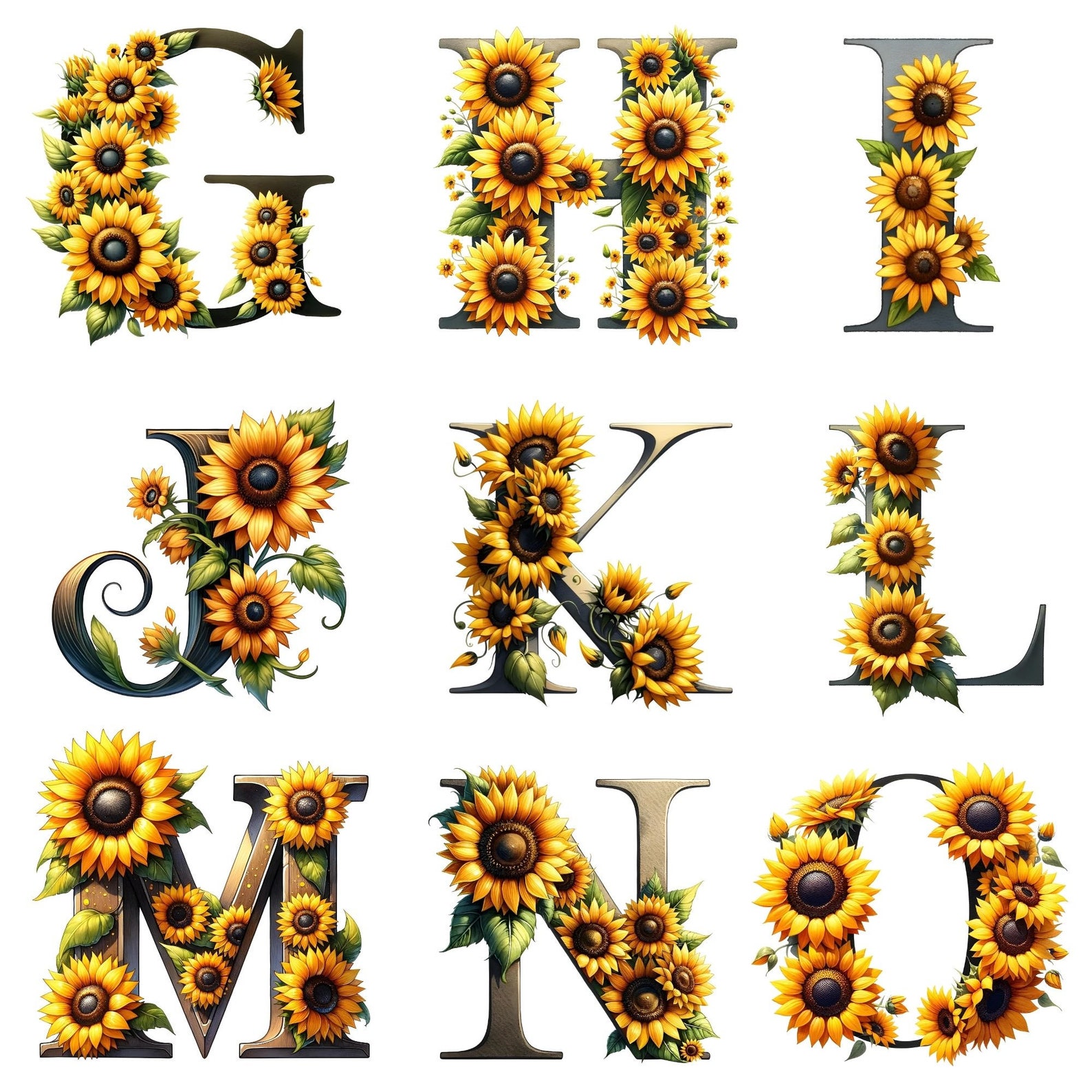Sunflower Alphabet Clipart, Watercolor Floral Alphabet, Sunflower Font ...