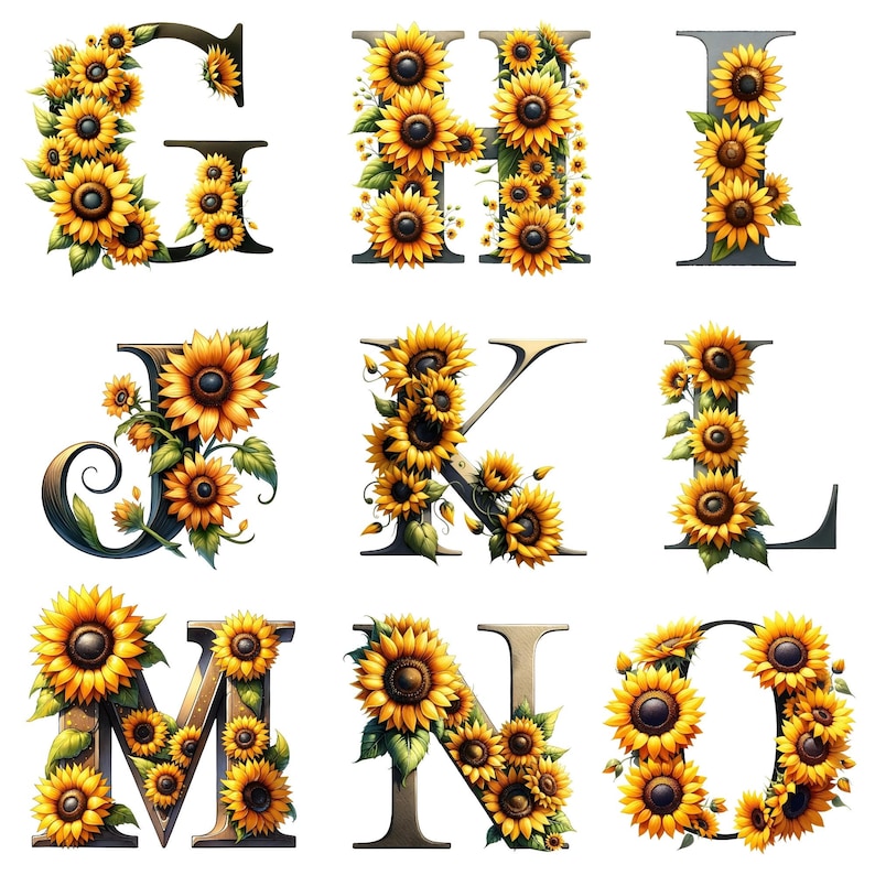 Sunflower Alphabet Clipart, Watercolor Floral Alphabet, Sunflower Font ...