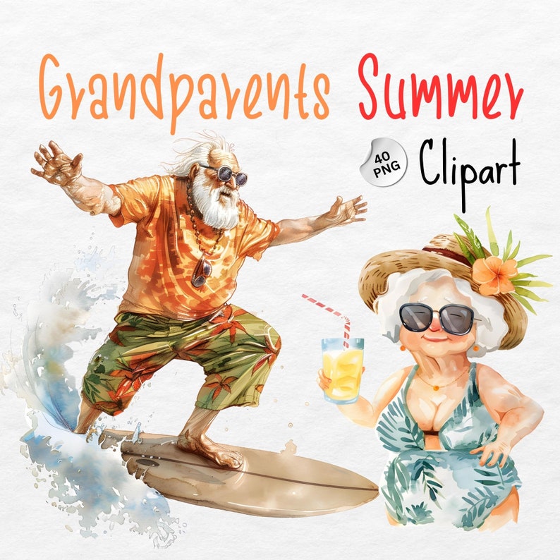 Watercolor Summer Grandparent Clipart Png, Grandma Clipart, Grandpa ...