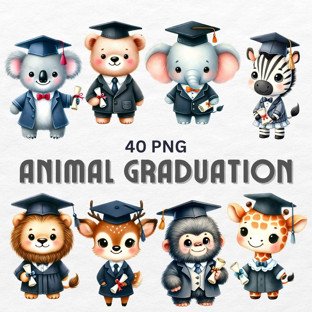 Watercolor Animal Graduation Clipart: 40 PNG Bundle (digital Download ...