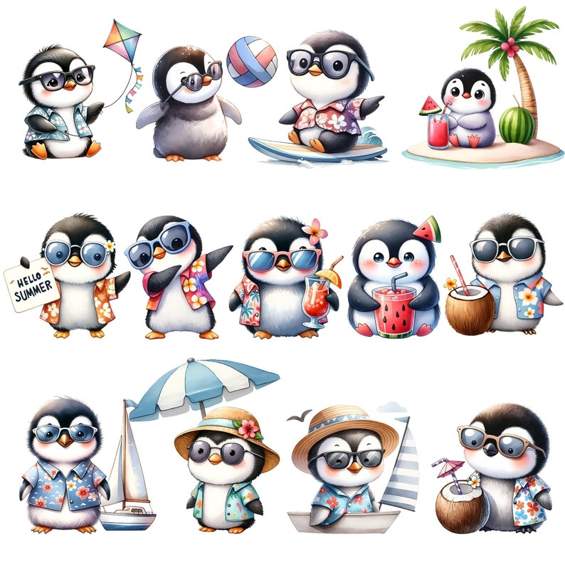 Watercolor Summer Penguin Clipart, Baby Cute Penguin PNG, Nursery Decor ...