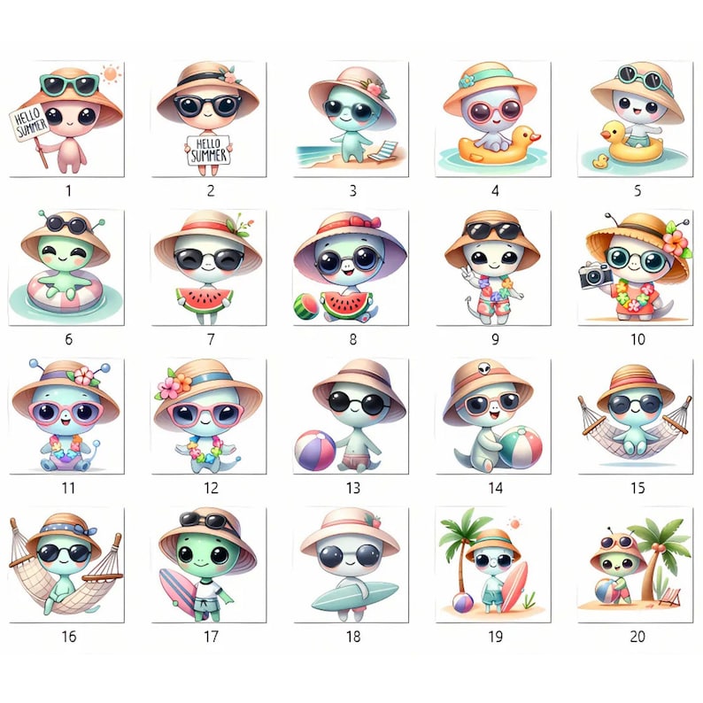 Watercolor Alien Summer Clipart, Cute Alien PNG, Beach Vacation Art PNG ...