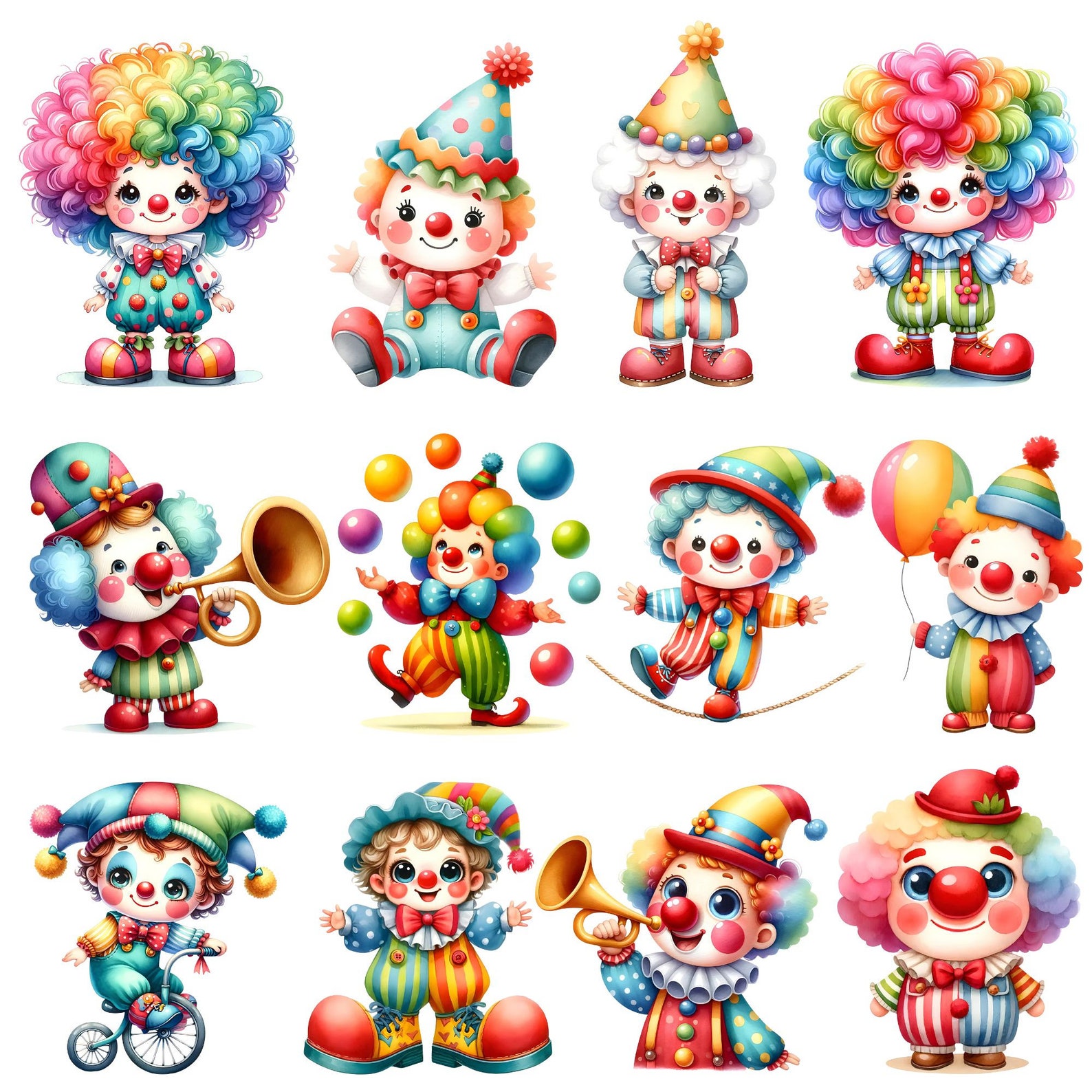 Watercolor Cute Clown Clipart, Adorable Clown PNG Bundle, Children ...